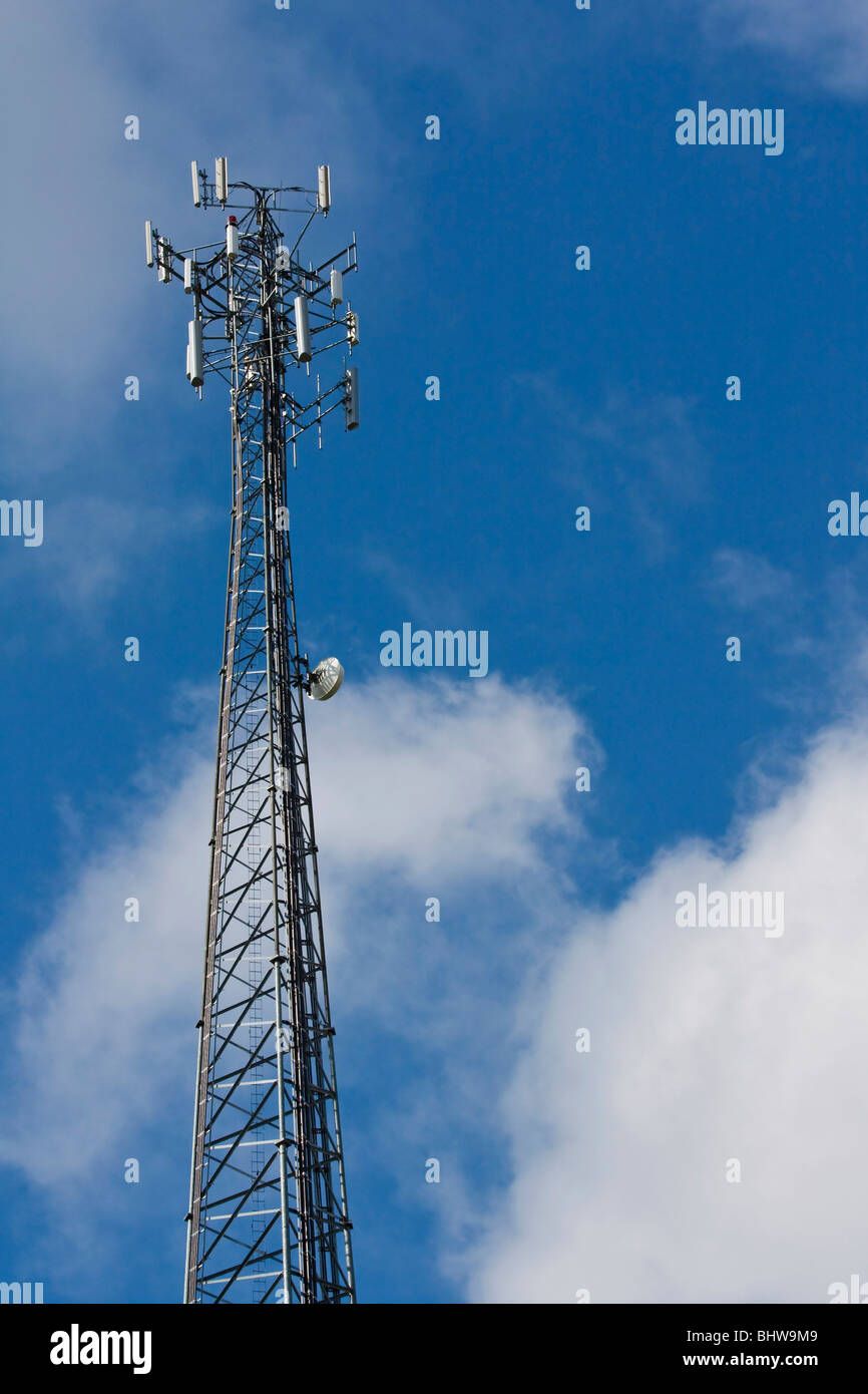 Telecommunications transmitter Telecom mast Mobile telephone low angle from below very high ...