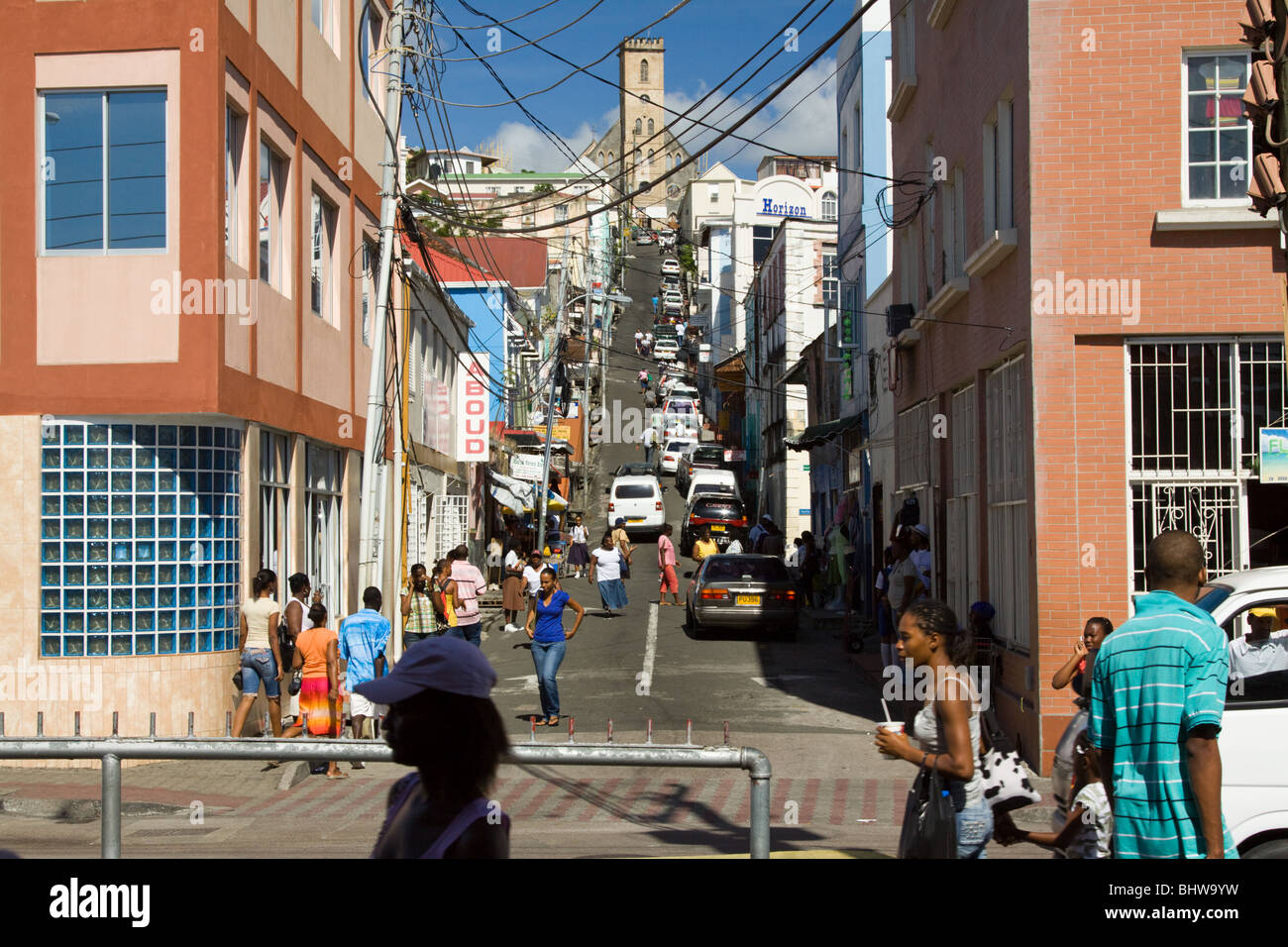 Street scene with St George's Cathedral, St George's, Grenada ...