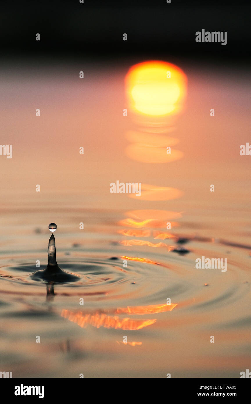 Water drops and ripples in a pool with reflected sunrise background ...