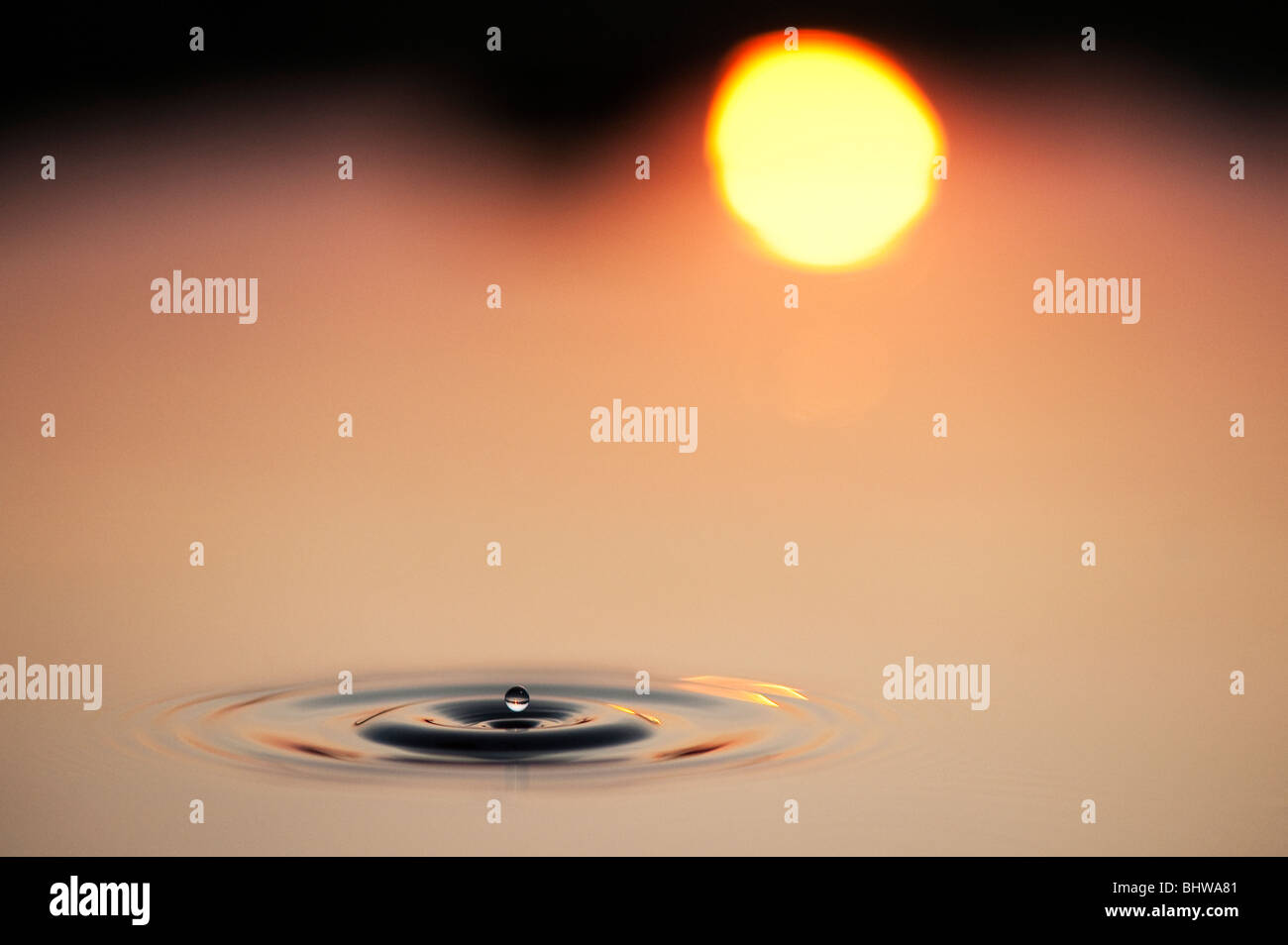 Water drops and ripples in a pool with reflected sunrise background ...