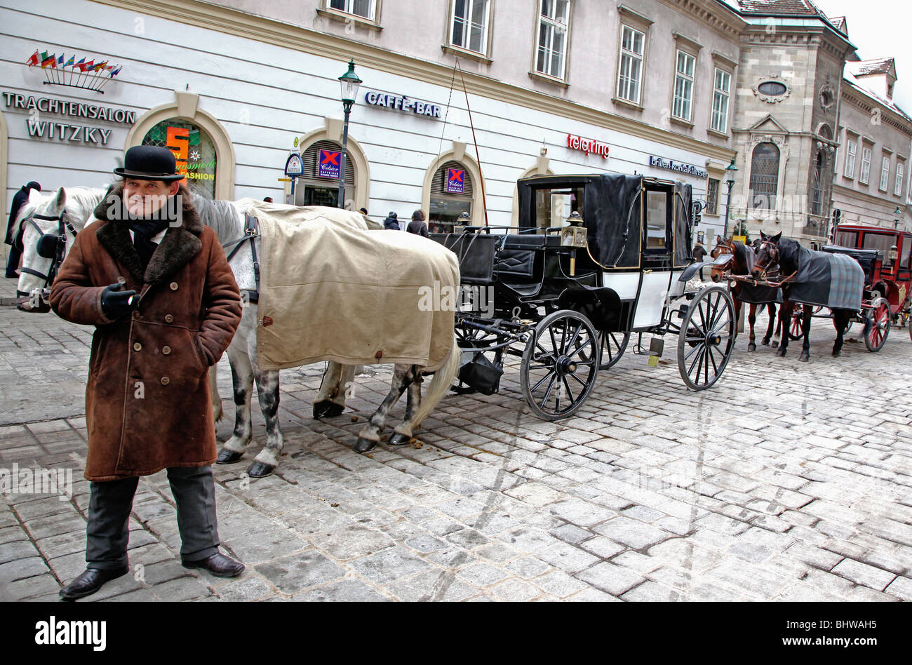 Horse Carriage And Driver In A Traditional Medieval Street Vienna ...