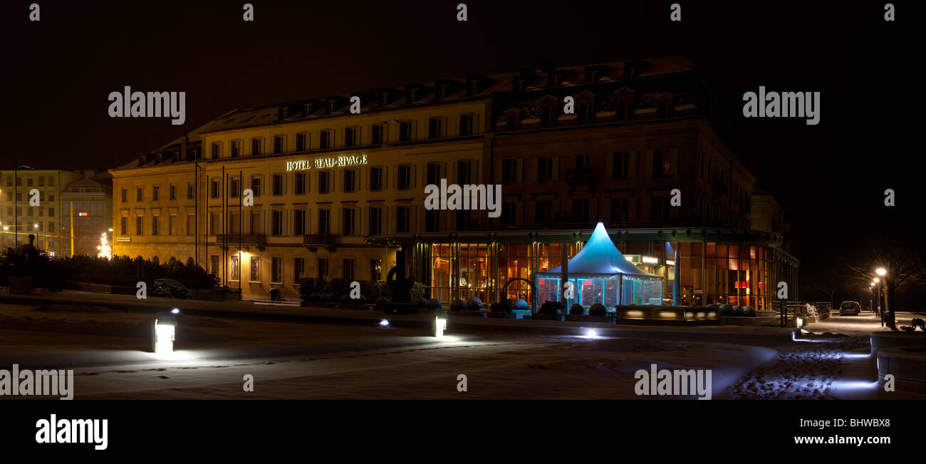 Panoramic nighttime winter view of the 5 star Hotel Beau Rivage ...