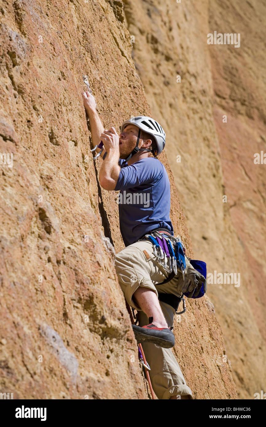 Technical rock climbers on a vertical rock pitch at Smith Rock State ...