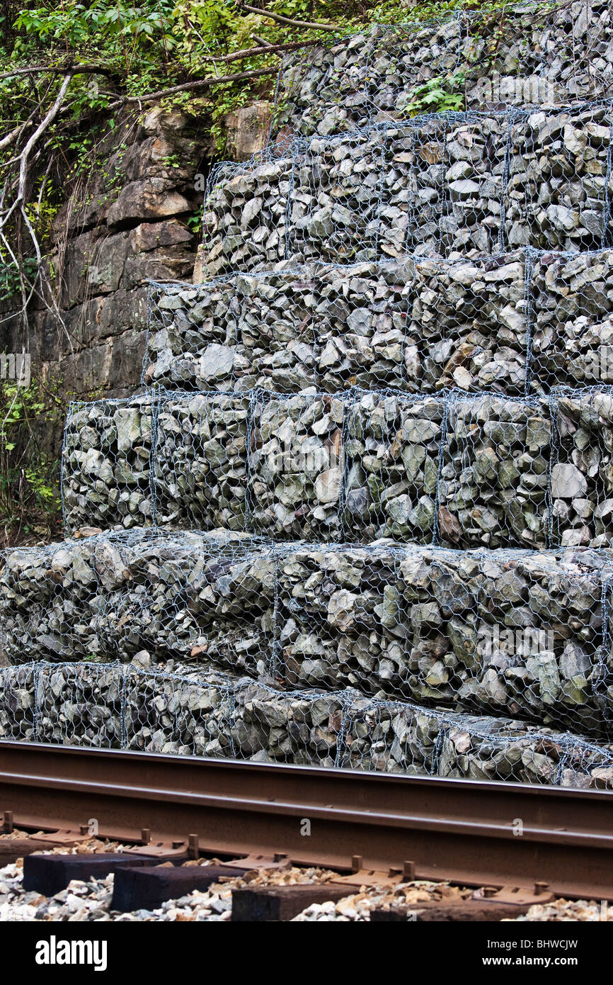 Protection side railway stones barrier wall close up vertical in USA hi ...