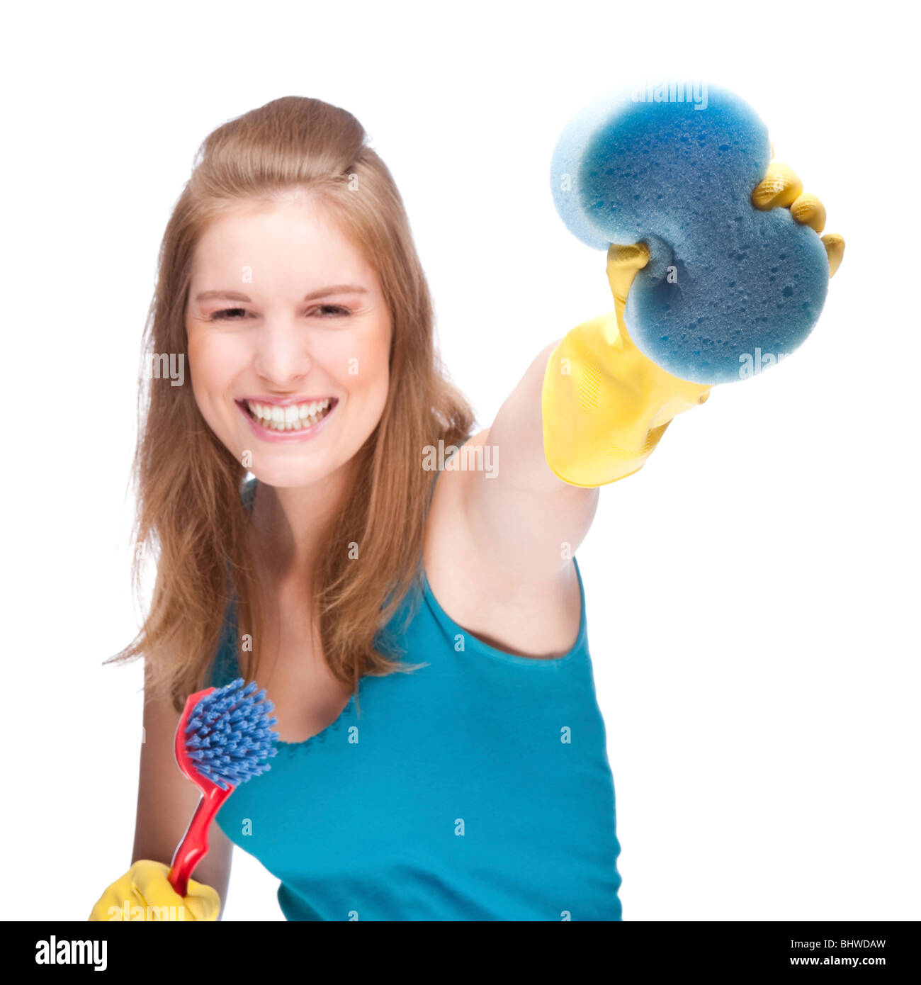 Full isolated studio picture from a young and beautiful cleaning lady ...
