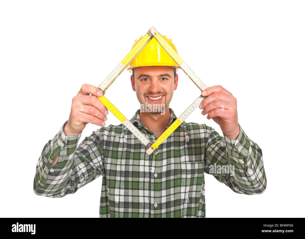 handyman make frame with his meter tool isolated on white background ...