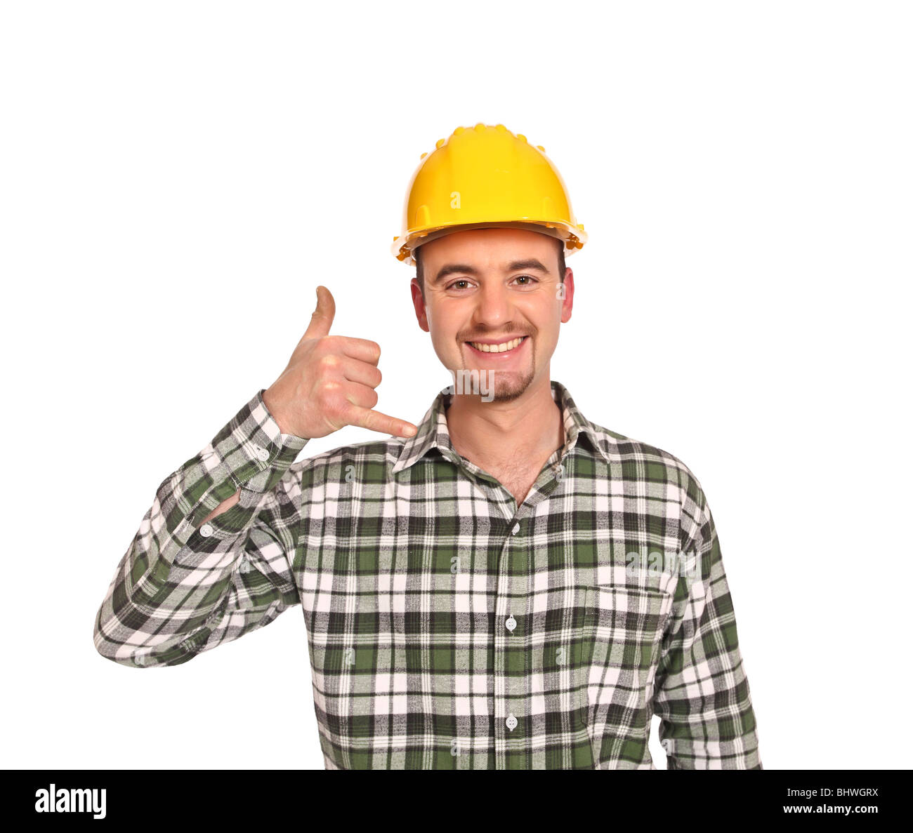 contact us pose from young caucasian manual worker Stock Photo - Alamy
