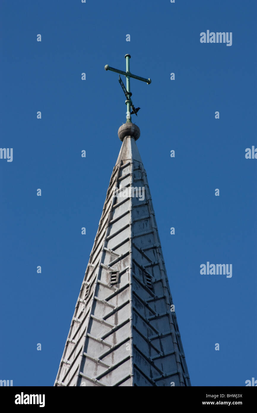 Church Spire with herring bone patterned leadwork and weathered copper ...
