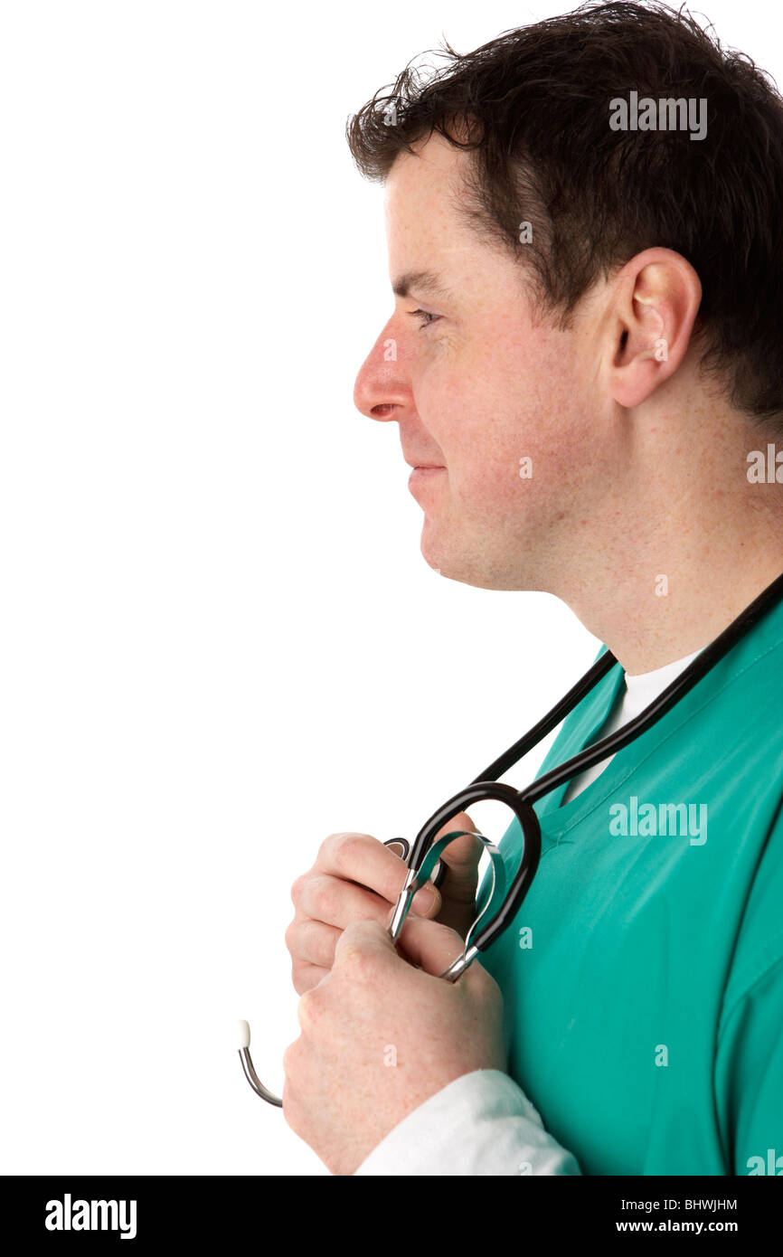 man wearing medical scrubs side on profile view holding stethoscope ...