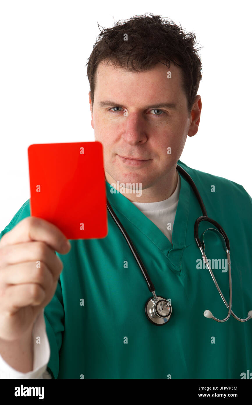 man wearing medical scrubs holding football red warning card giving ...