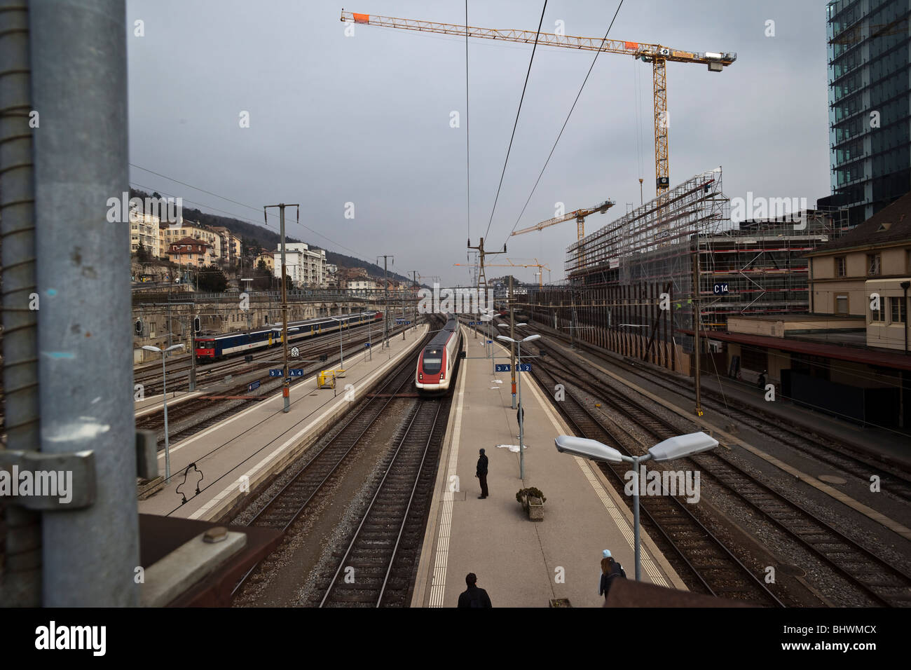 High speed Swiss intercity express train coming into the train station ...