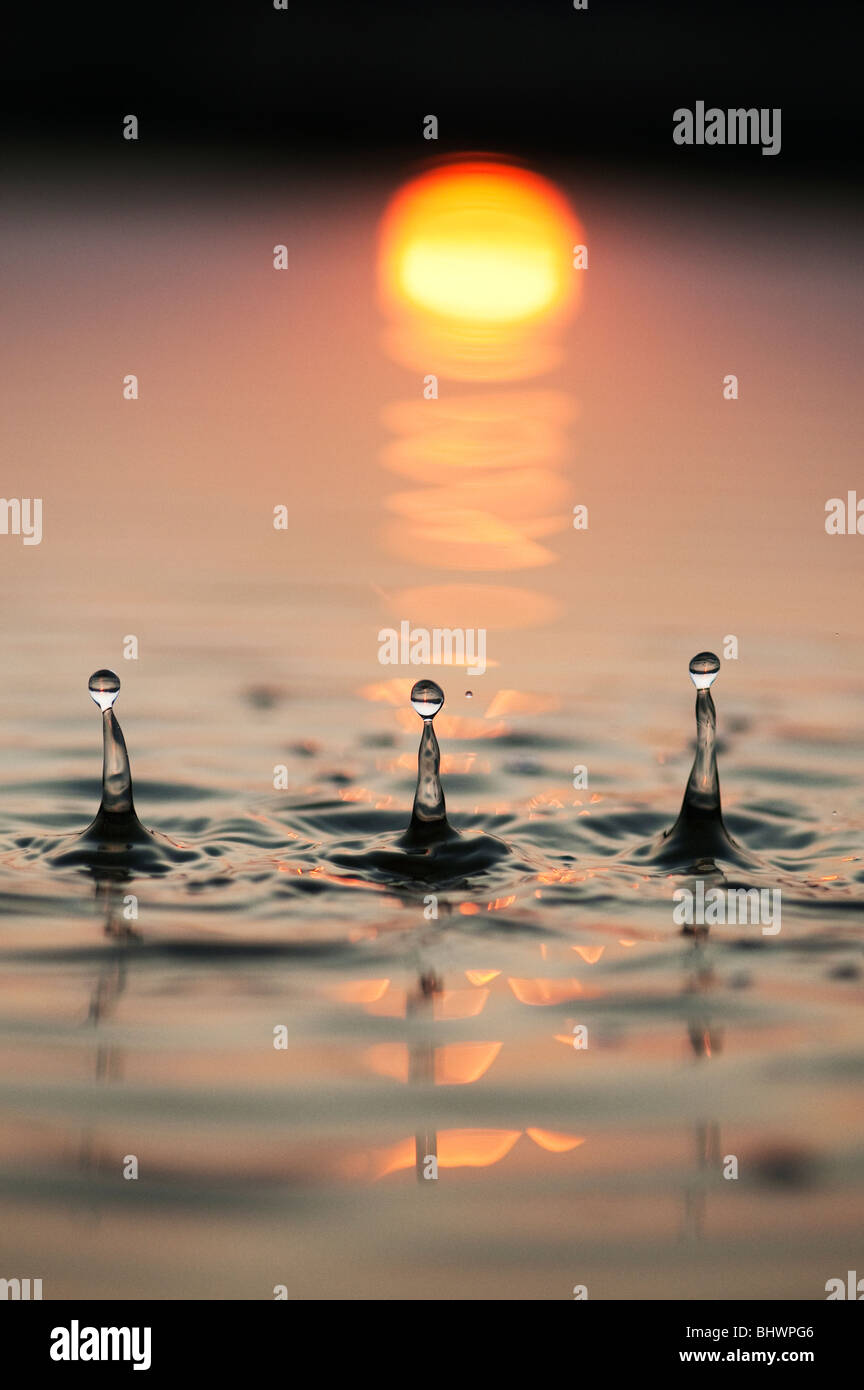 Water drops and ripples in a pool with reflected sunrise background ...