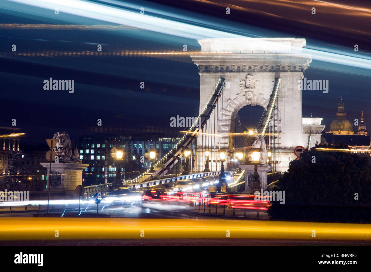 Rush hour on the Chain bridge in Budapest, Hungary, with busy traffic ...