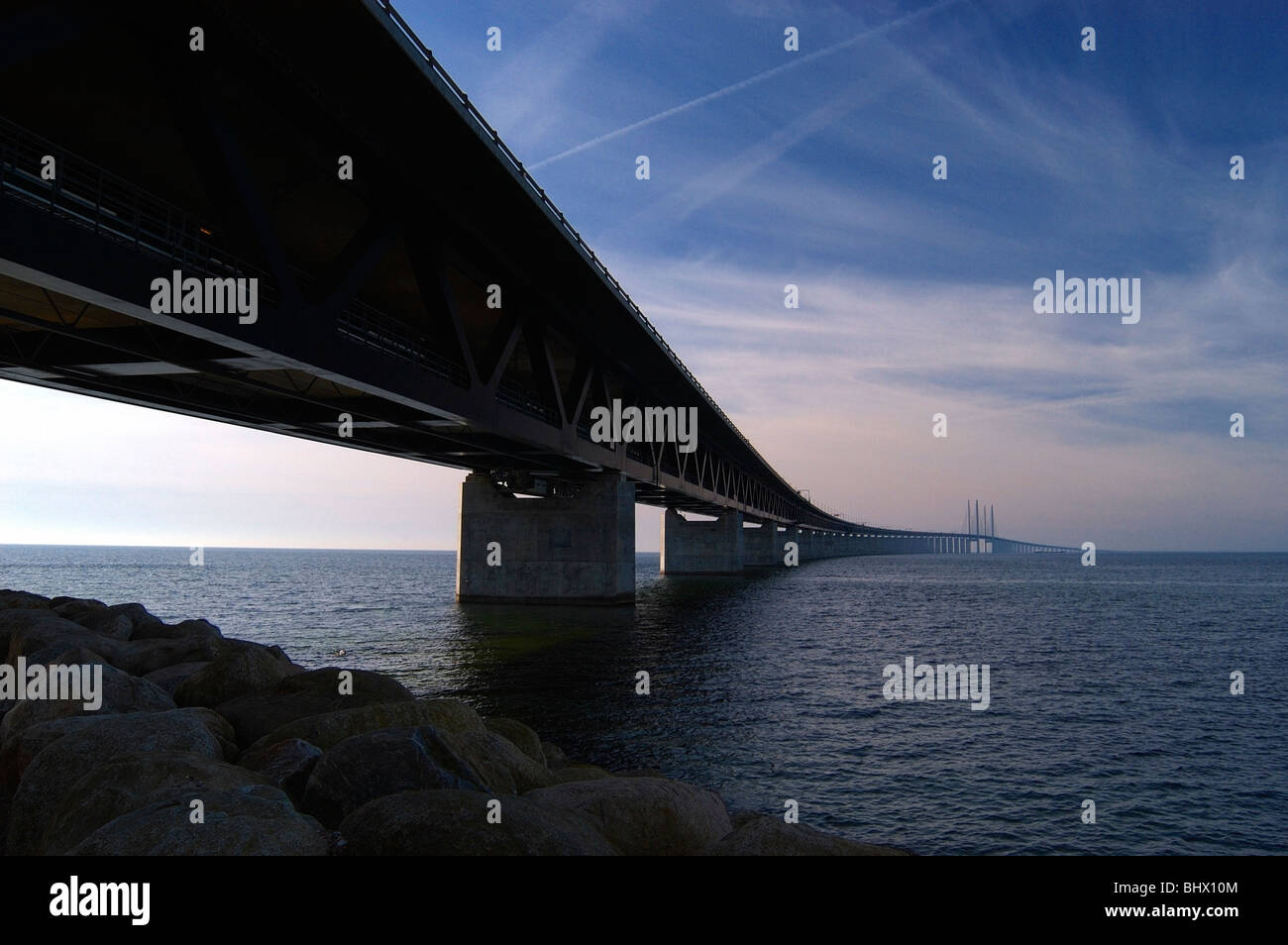 The Øresund or Öresund Bridge between Denmark and Sweden, from the ...