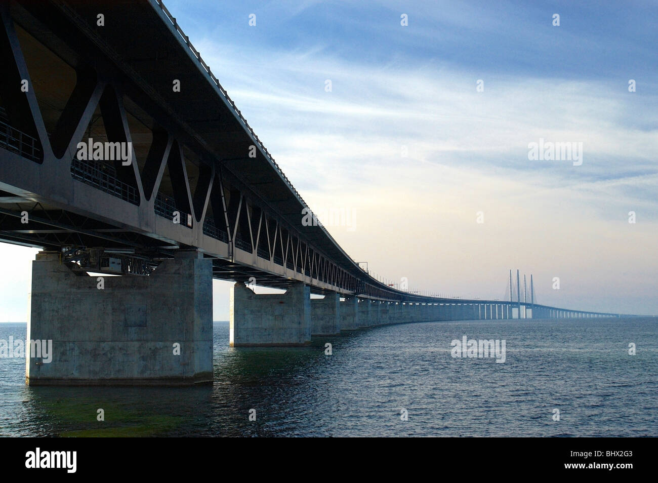 The Øresund or Öresund Bridge between Denmark and Sweden, from the ...