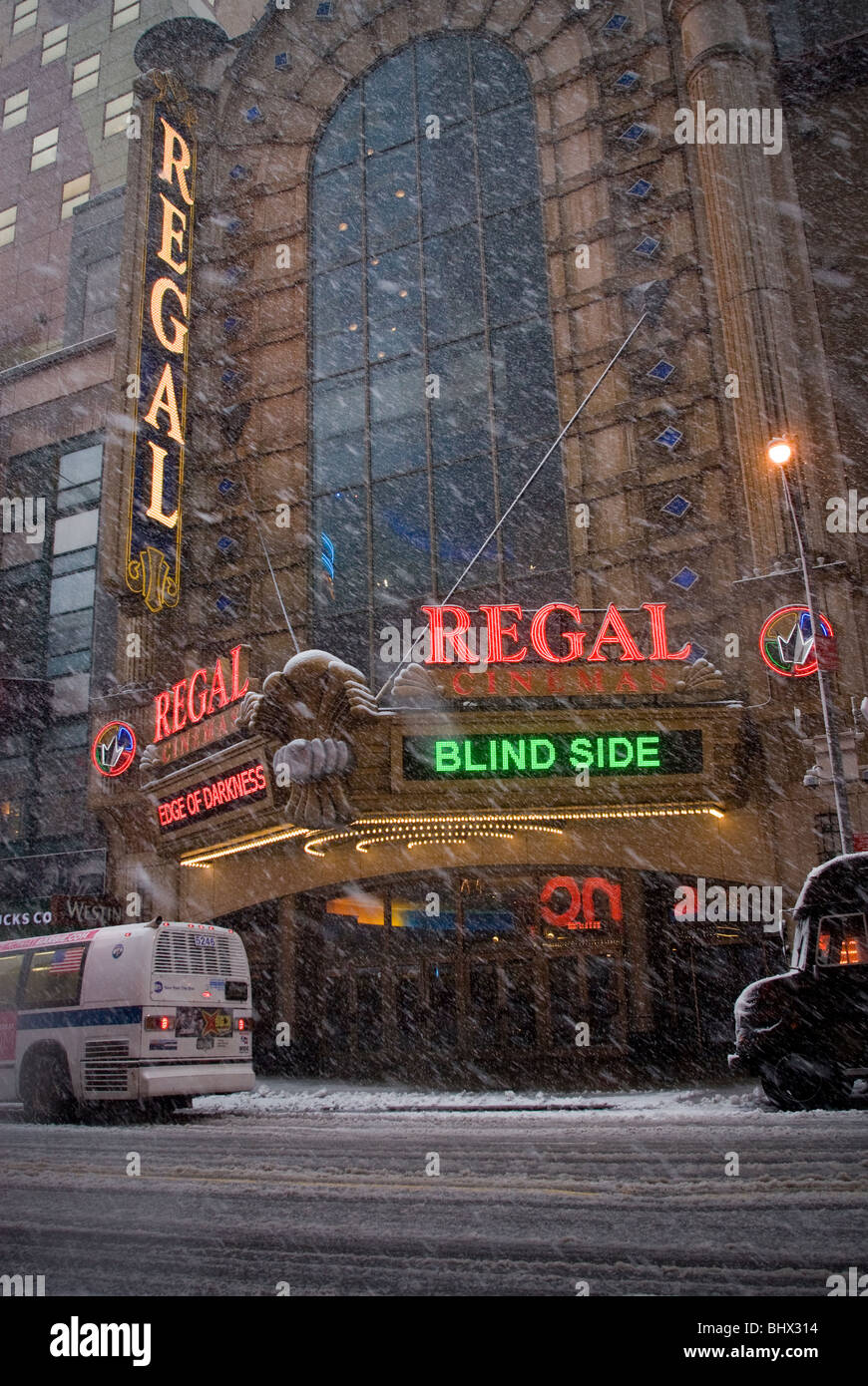 Regal Cinema in Times Square is seen in the snow in New York Stock ...