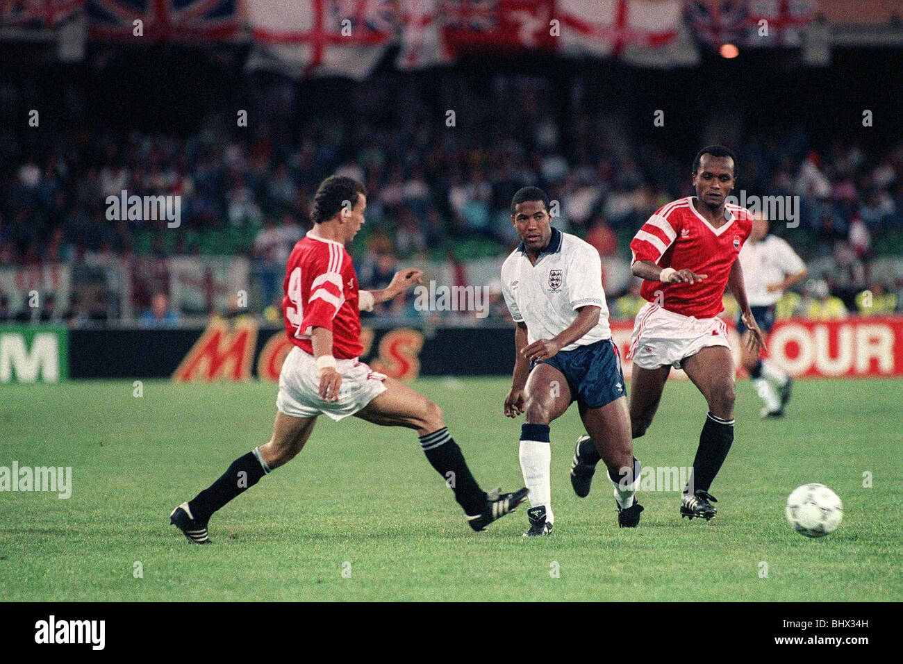 World Cup 1990 Group F England 1 Egypt 0 John Barnes (white) passes the ...