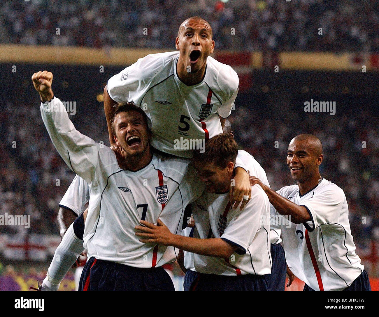 England 3 Denmark 0 World Cup 2002 Japan Michael Owen is mobbed by ...