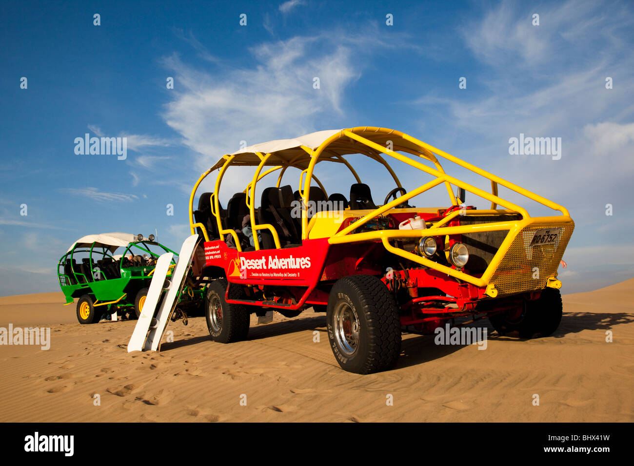 Dune buggies with boards for Sandboarding, Huacachina, Peru, South ...