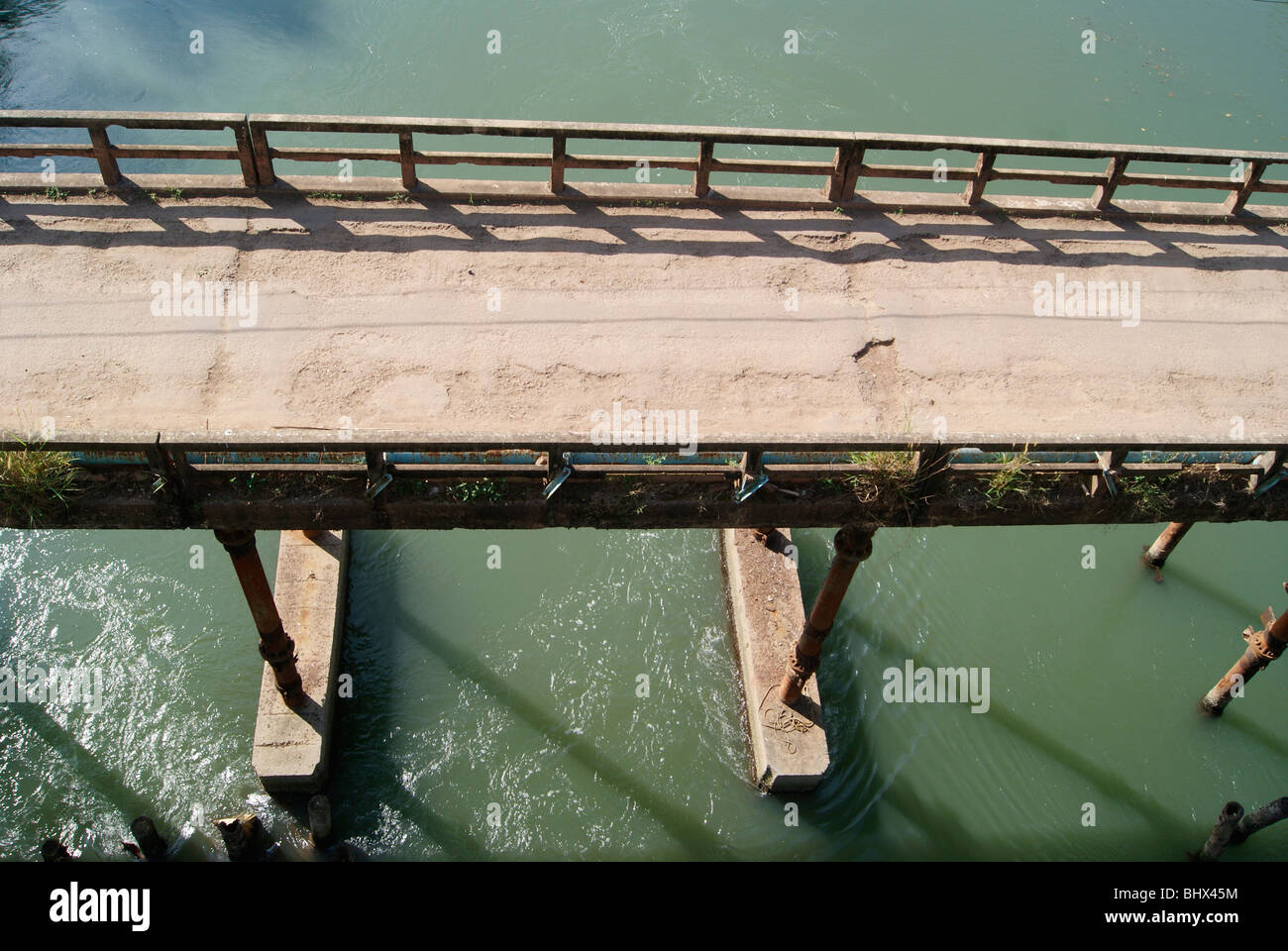 Very Old small concrete made Bridge Aerial view from the Top of a newly ...