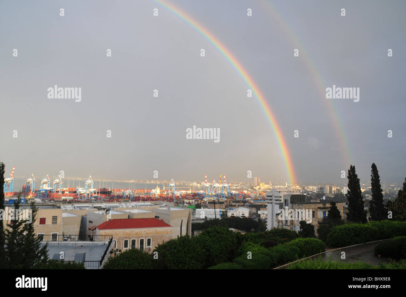 Israel, Haifa, a double rainbow over the city Stock Photo - Alamy