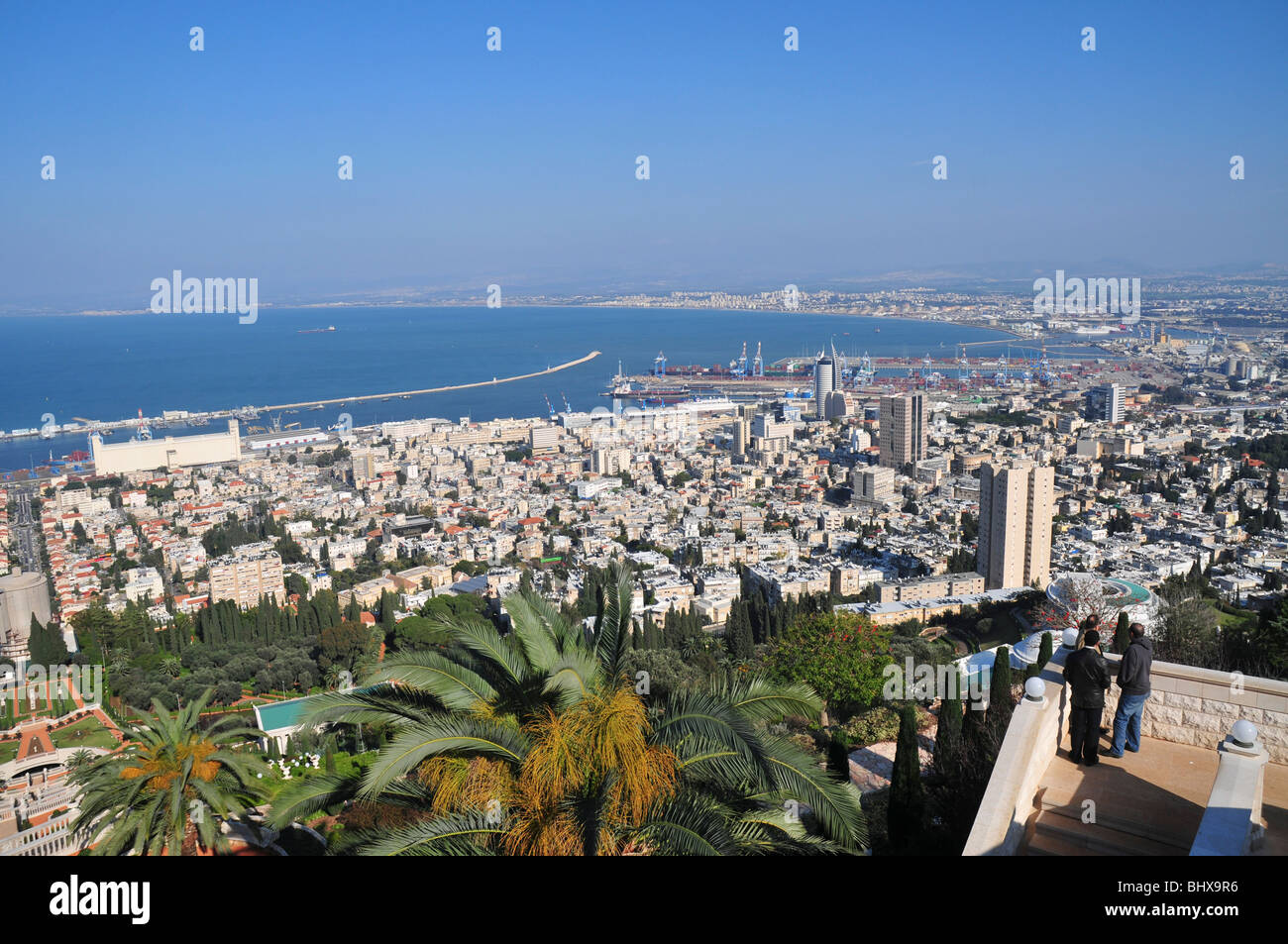 Israel, Haifa, a view of downtown and the bay from the Carmel Mountain ...