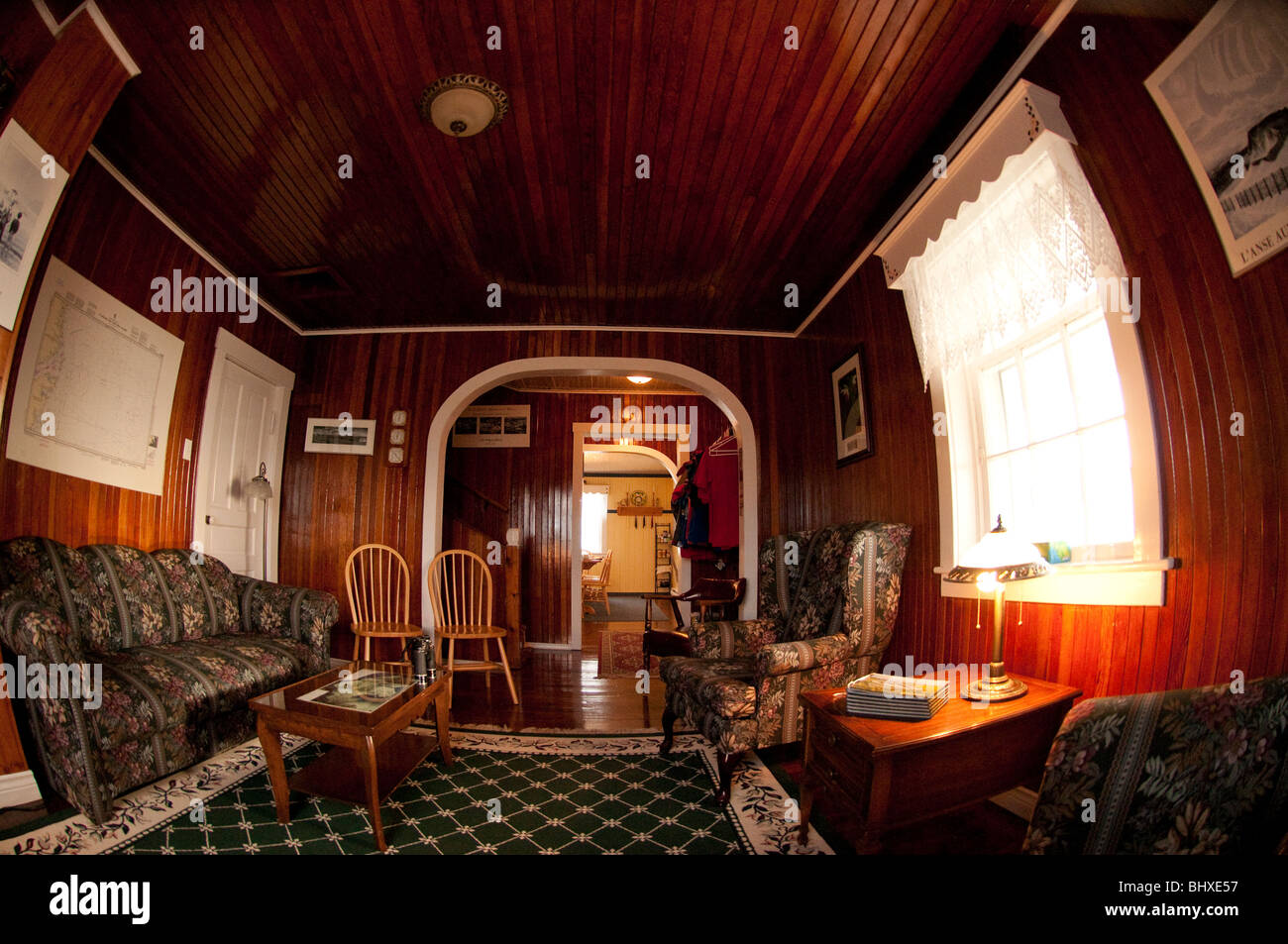 NEWFOUNDLAND, Quirpon Island Lighthouse Inn, Inside view of rustic ...