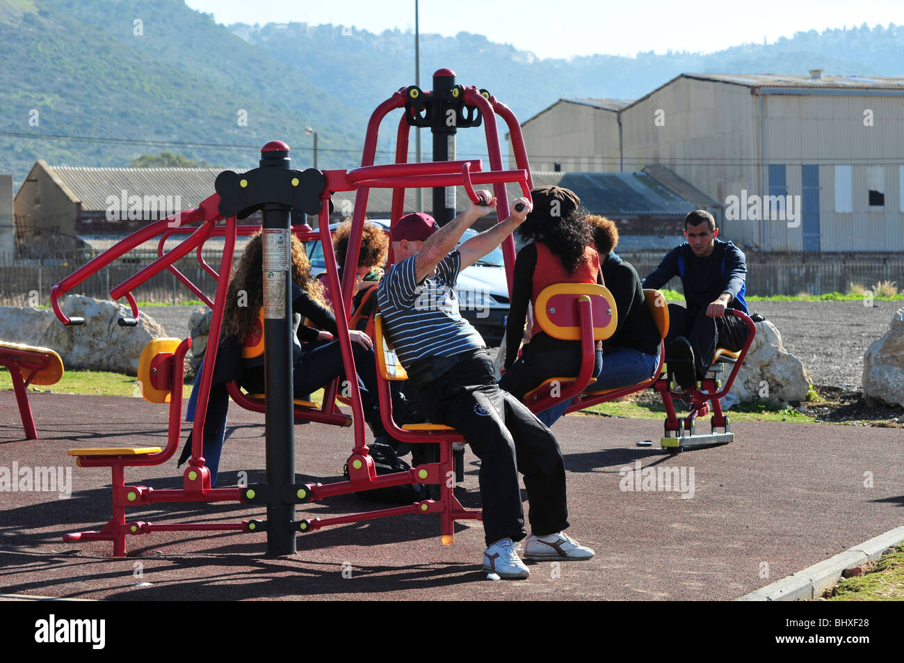 Israel, Haifa, Winter activity on the beach Outdoor public sport park ...