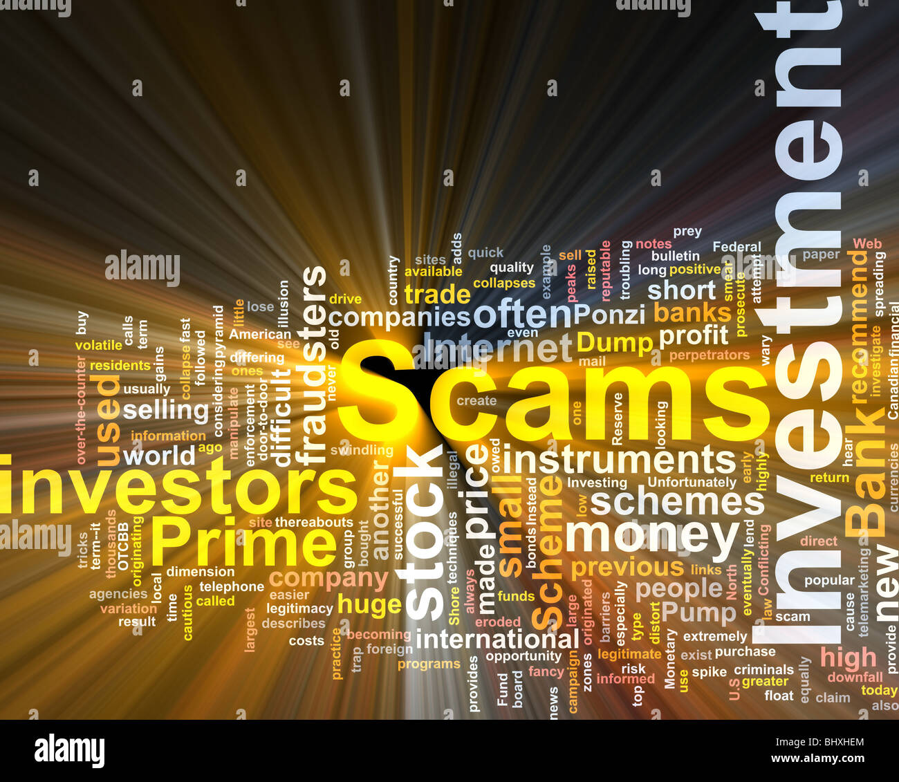 Word cloud concept illustration of Investment scams glowing light ...