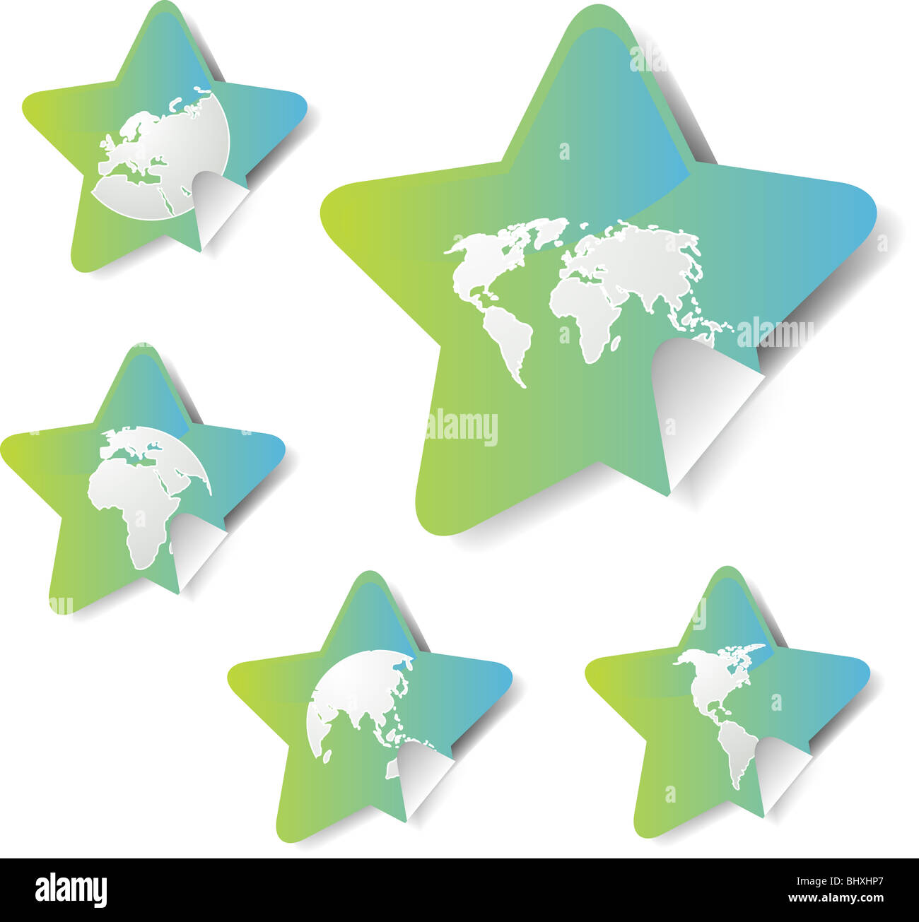 World map icons on star sticker shapes Stock Photo - Alamy
