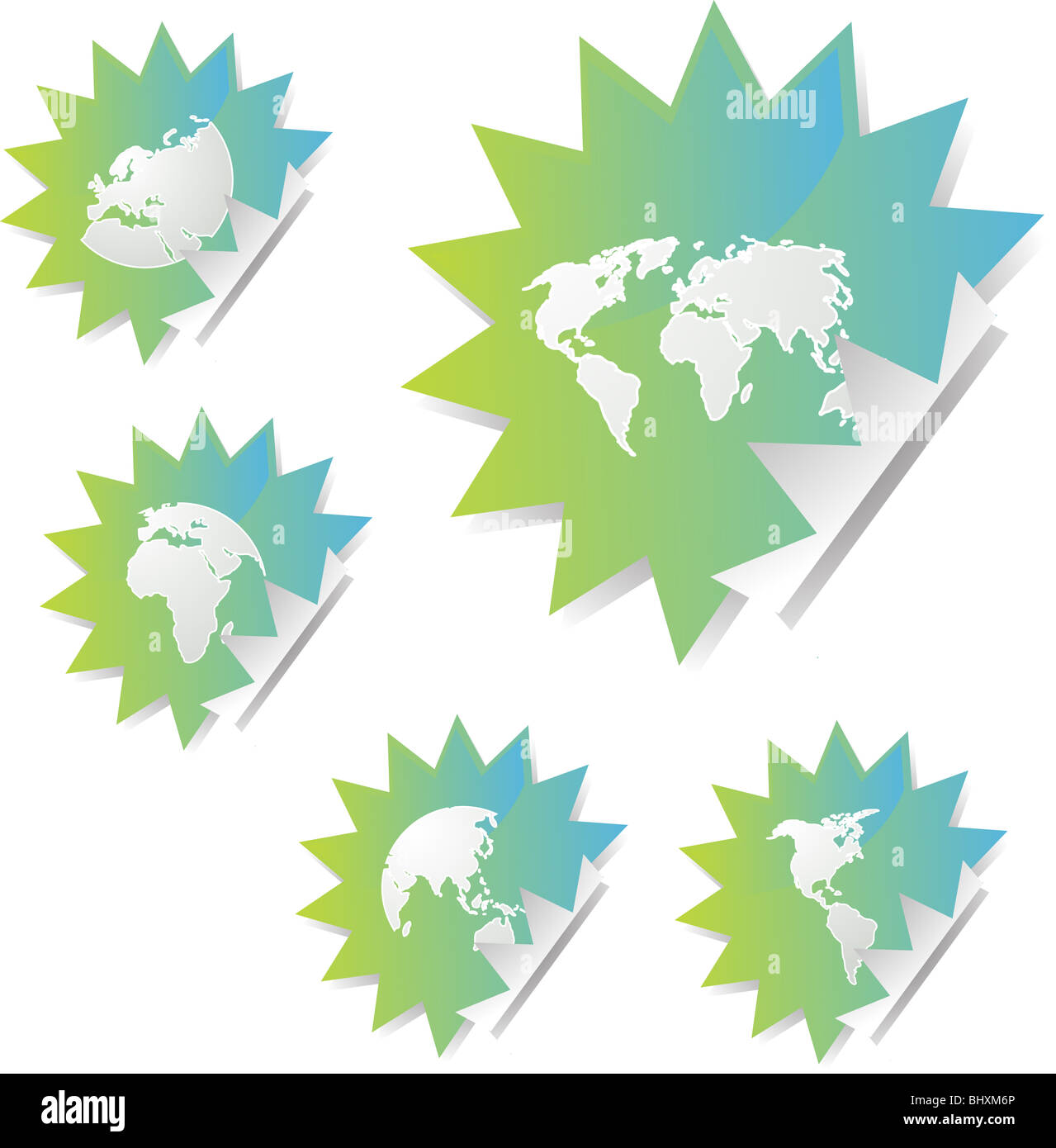World map icons on spiky sticker shapes Stock Photo - Alamy