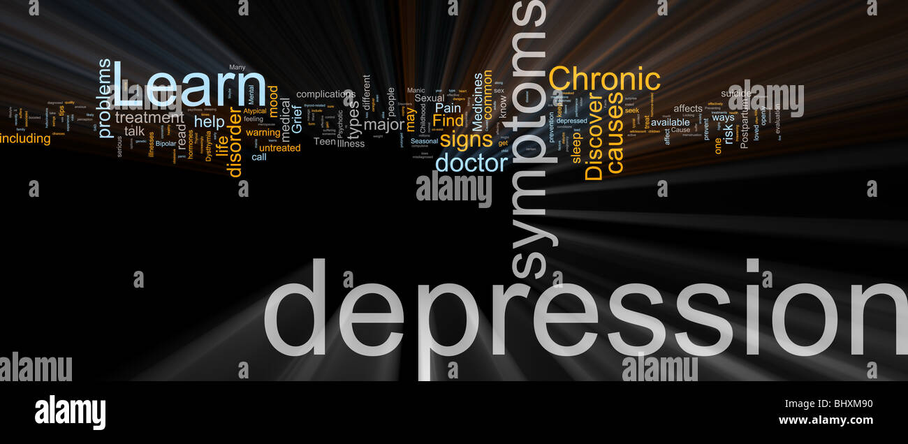 Word cloud concept illustration of mental depression glowing light ...
