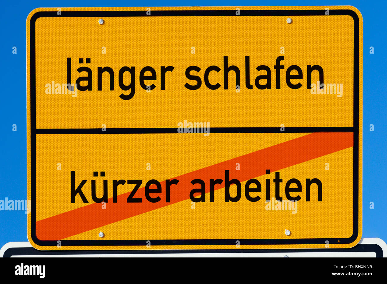 Signpost work shorter sleep longer, symbolphoto short time Stock Photo ...