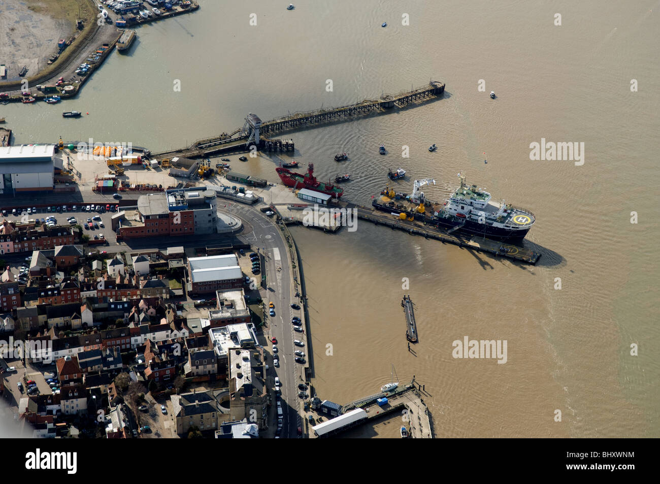 The Trinity House pier and the Galatea at Harwich Essex UK Stock Photo ...