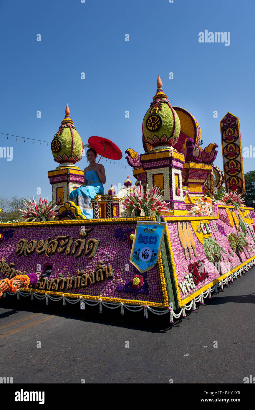 Flower display, ancient and modern floral art gaily decorated bedecked, parade of floats made ...