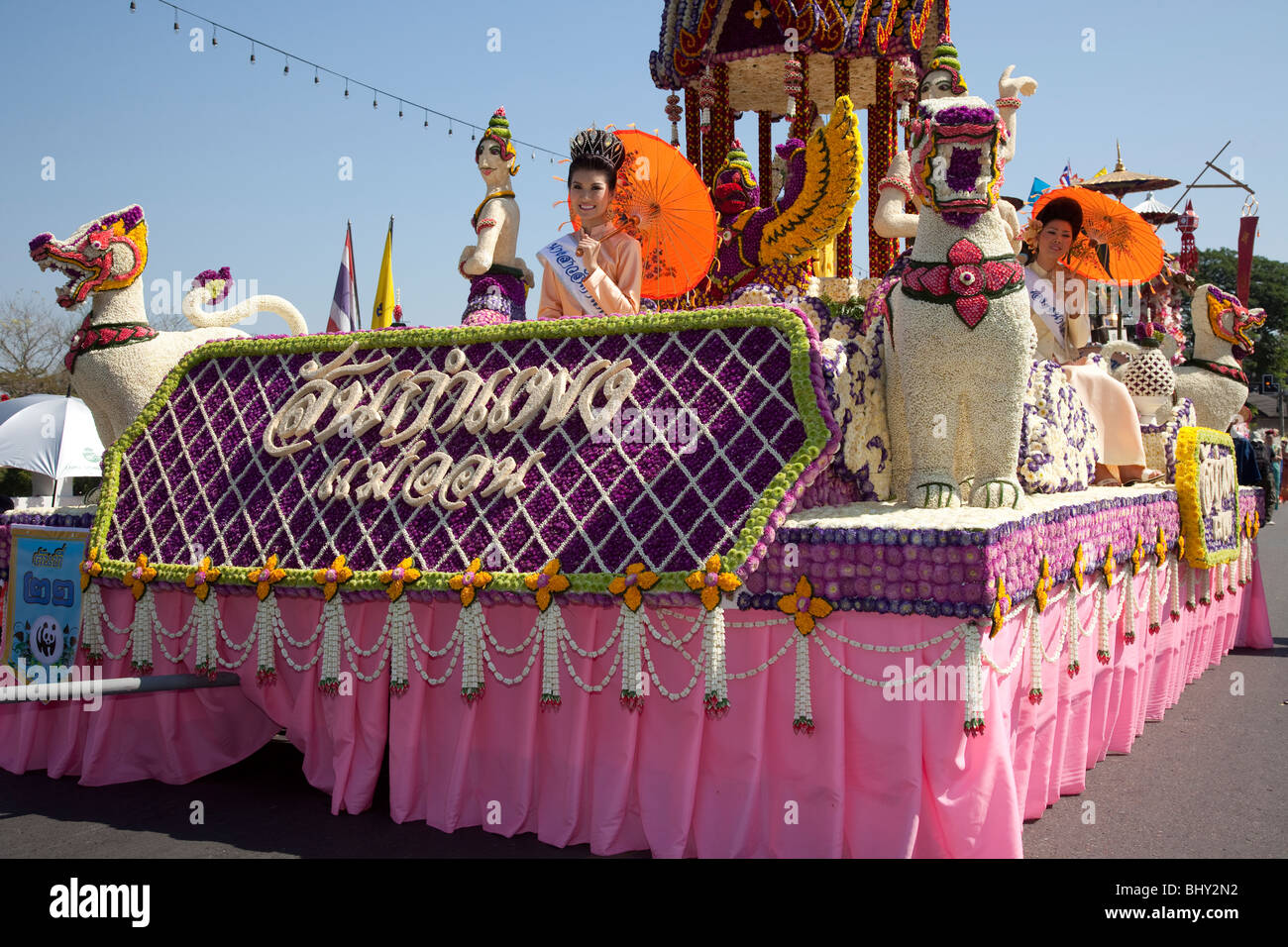 ChiangMai Flower display, ancient & modern floral art gaily decorated bedecked, parade of floats ...
