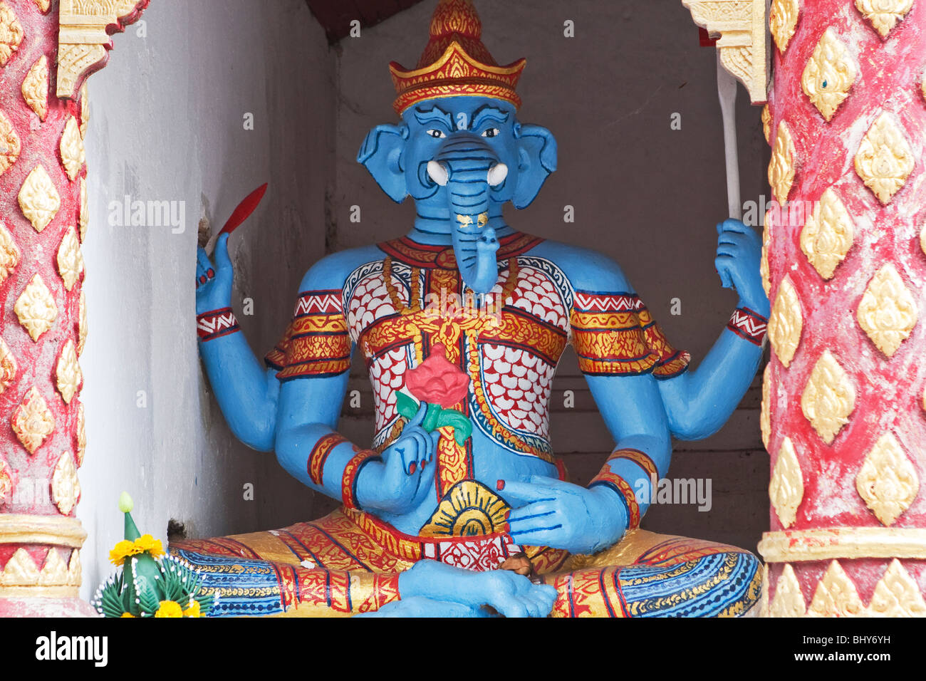 Mythical four armed figure of Vishnu, depicted as half elephant outside ...