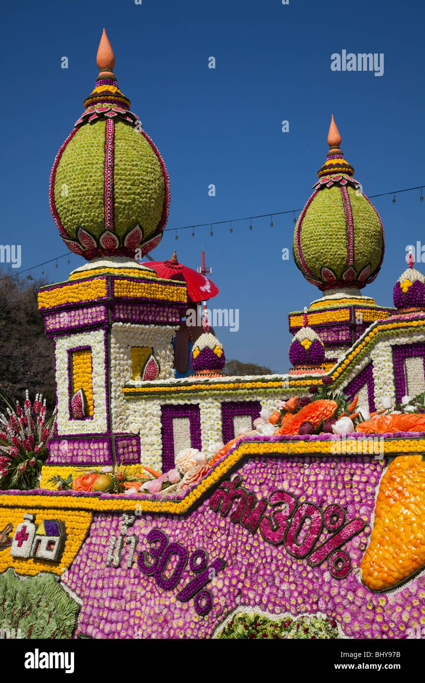 Flower display, ancient and modern floral art gaily decorated bedecked, parade of floats made ...