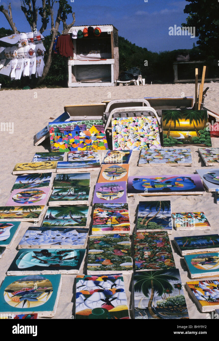 traditional paintings on beach - Antigua Island - Caribbean Stock Photo ...