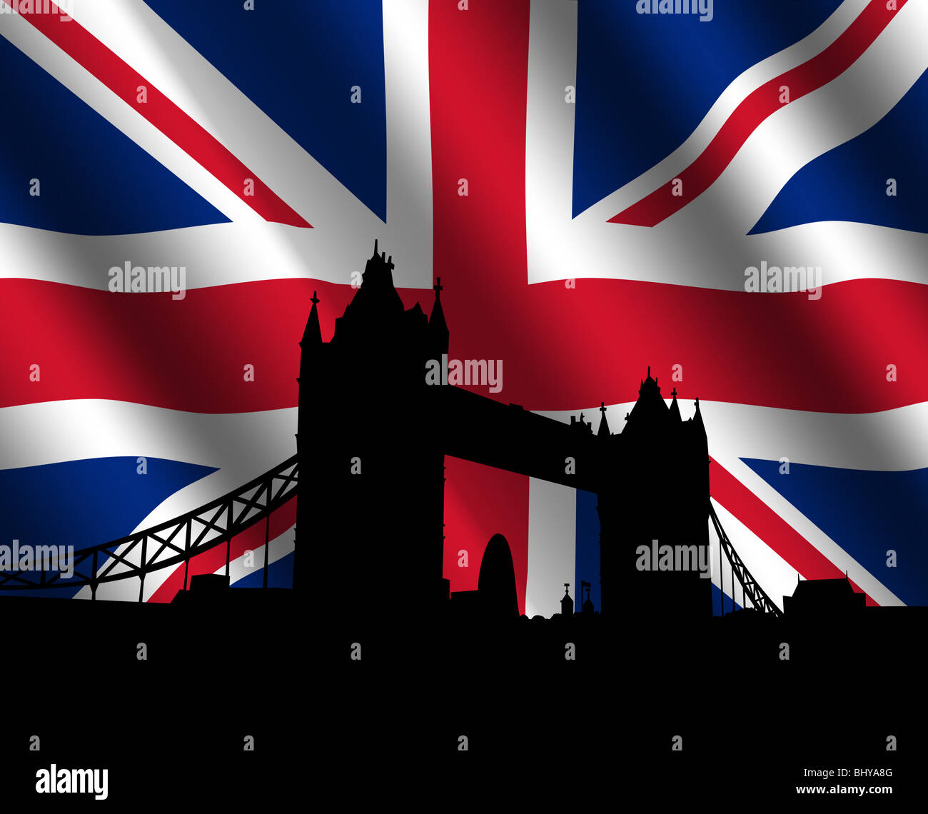 Tower Bridge London with rippled British Flag illustration Stock Photo ...