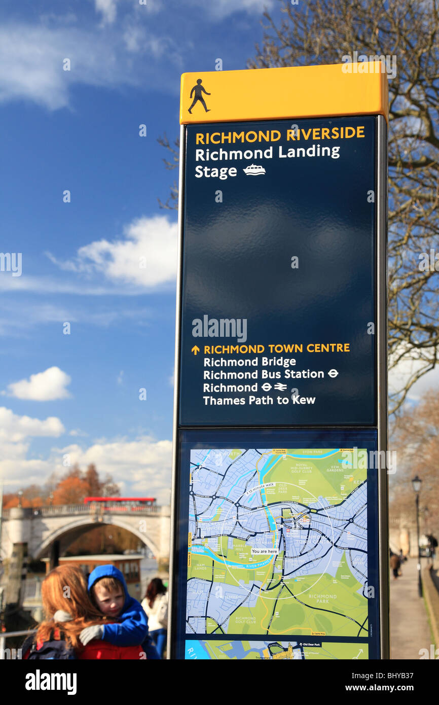 New information and direction signs by the river Thames Richmond Surrey ...