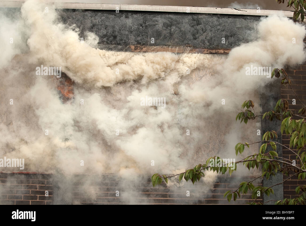 smoke billowing from boarded up office on fire Stock Photo - Alamy