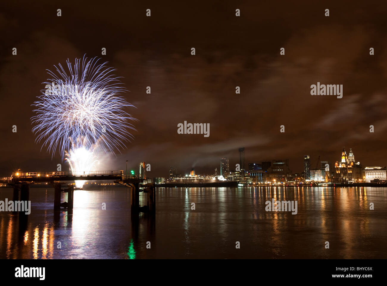 Liverpool Skyline at night with fireworks Stock Photo - Alamy