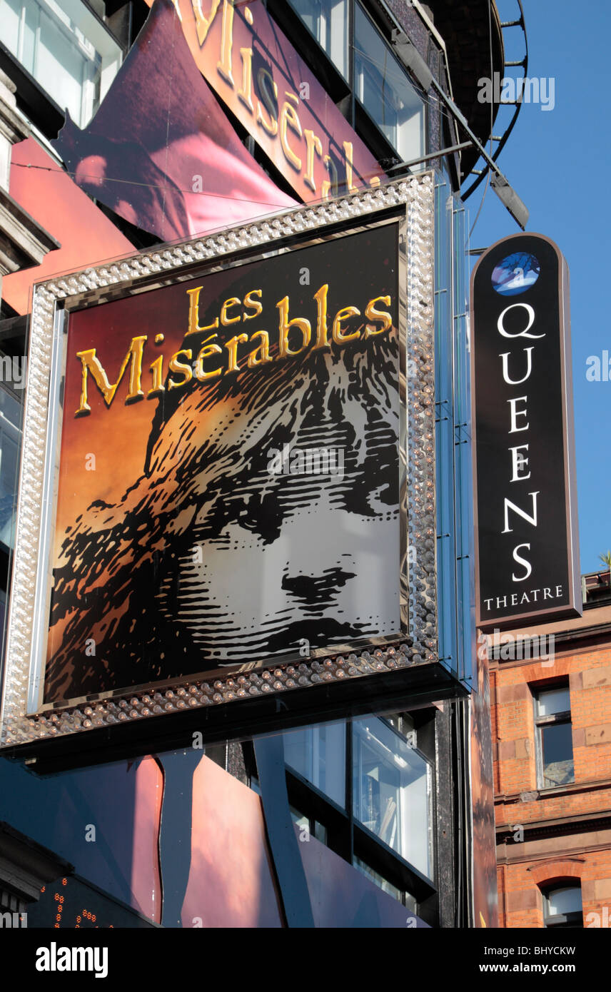 Sign advertising the musical "Les Miserables" above the entrance to the ...