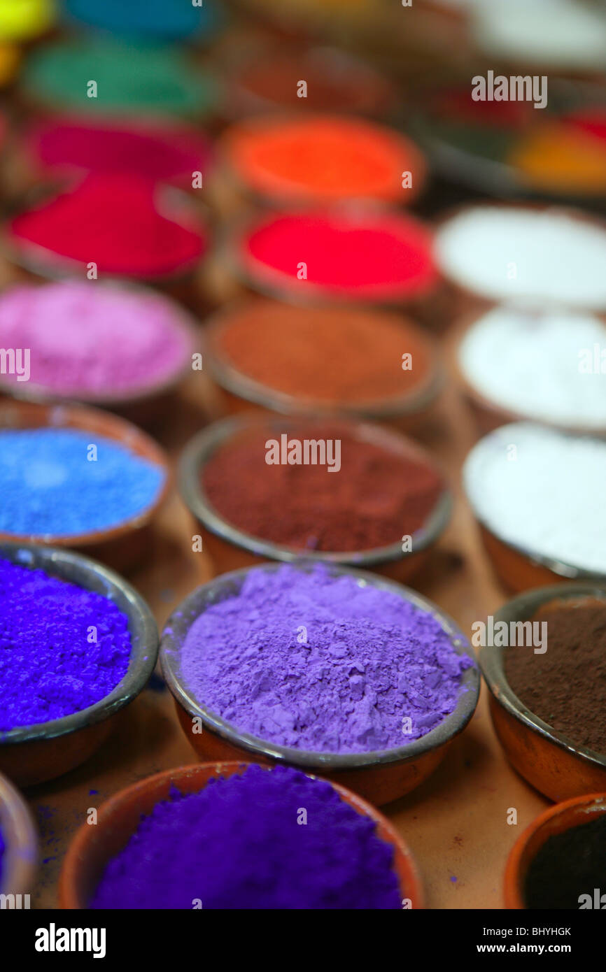 colorful powder pigments in rows in clay bowls Stock Photo - Alamy