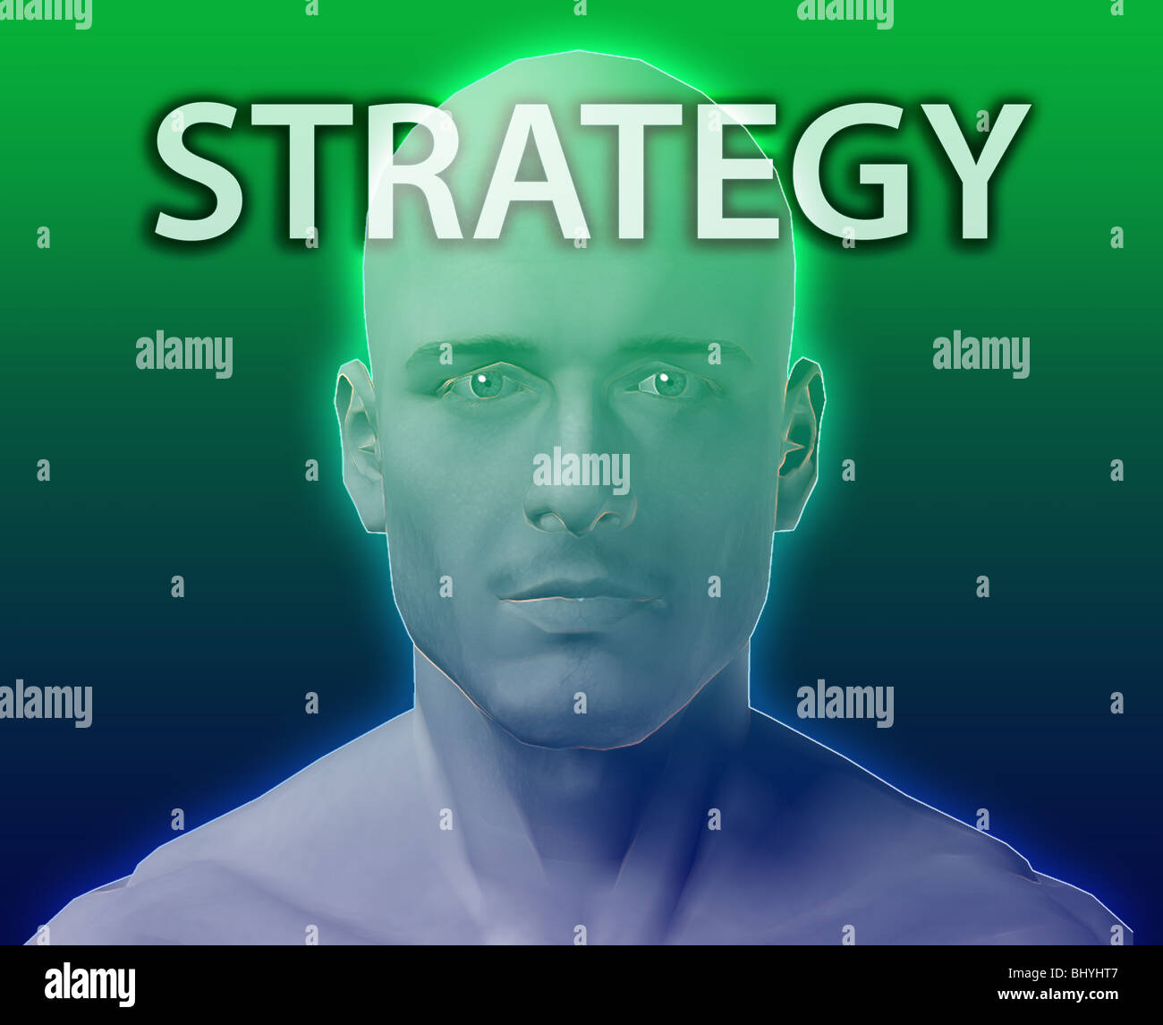 Head for management, man's face with strategy slogan Stock Photo - Alamy
