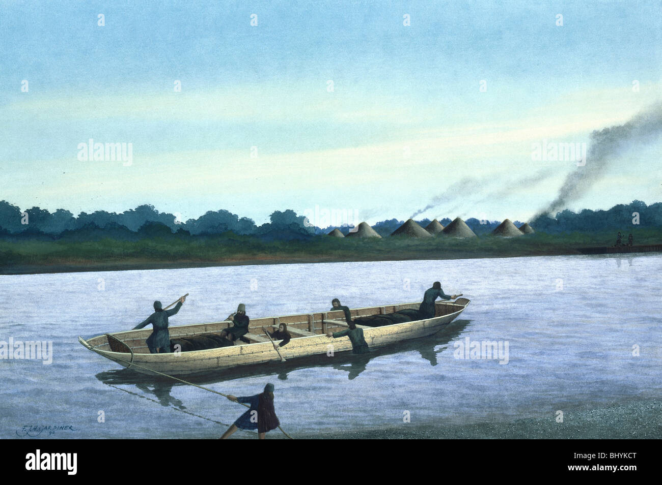Bronze Age boat on the River Thames. Artist: Frank Gardiner Stock Photo ...