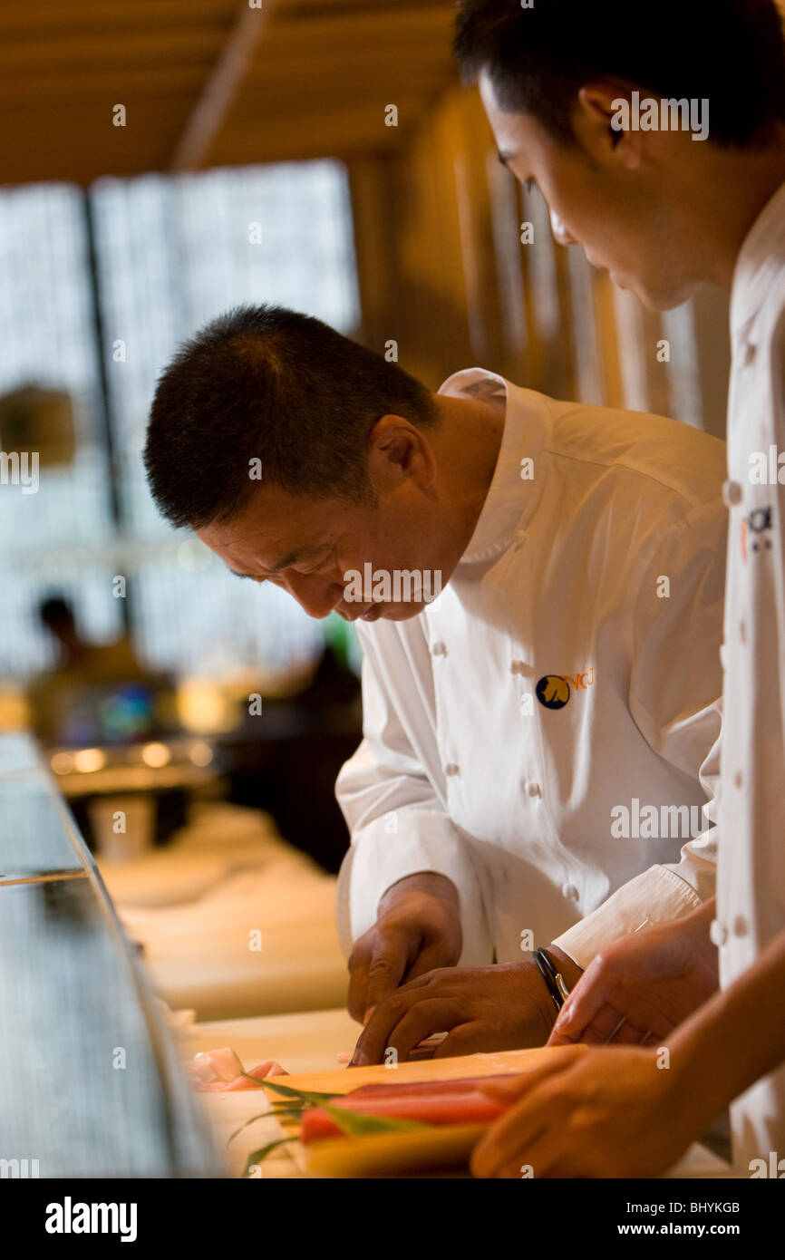Chef and owner of 'Nobu' restaurants, Nobuyuki Matsuhisa (on left of ...