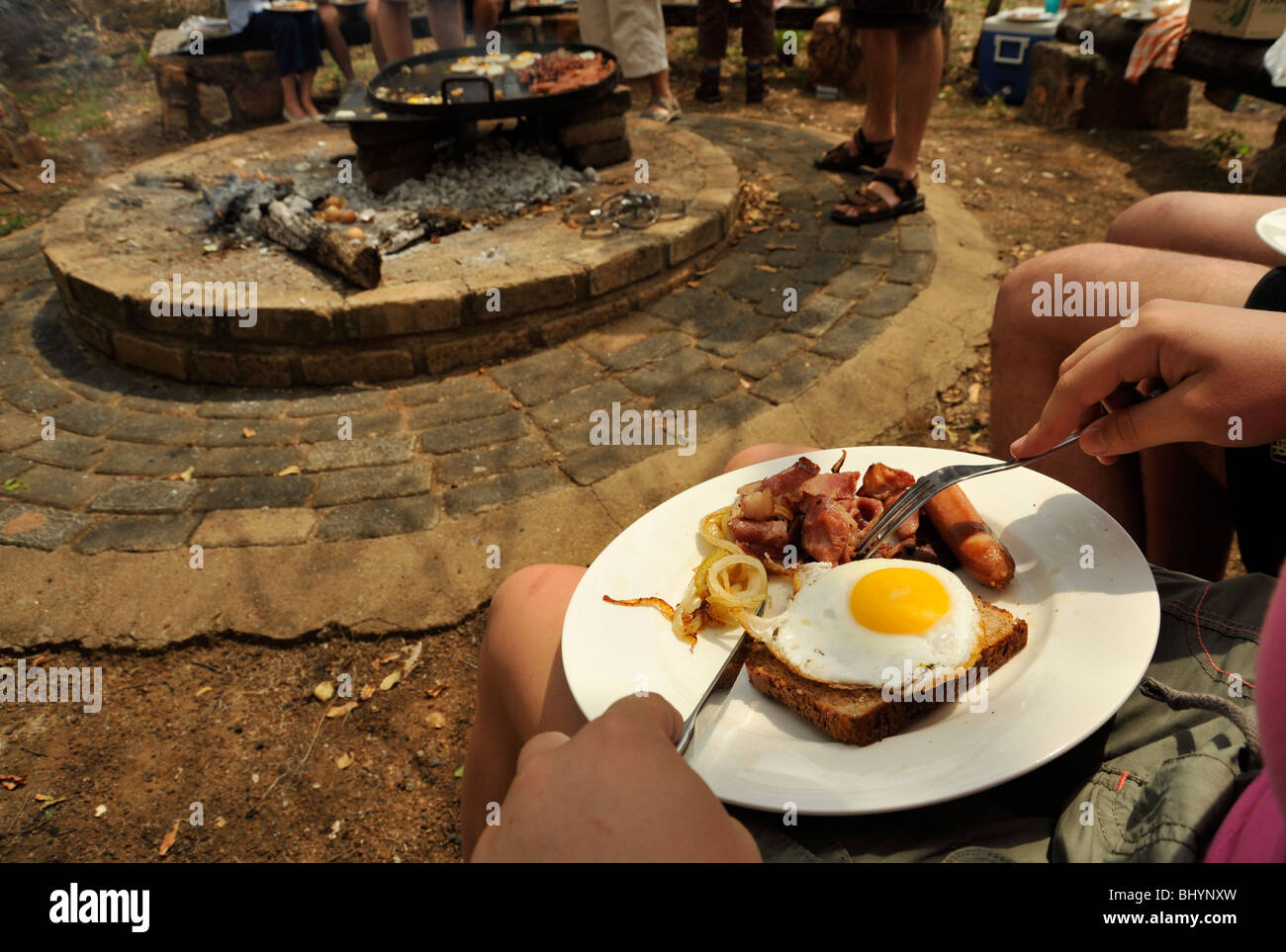 Limpopo, South Africa, tourists on safari enjoying bush breakfast ...