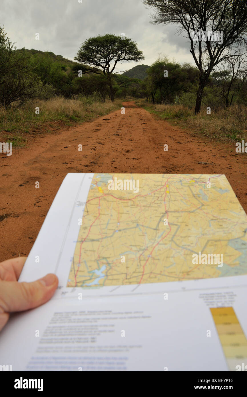 Limpopo, South Africa, hand holding chart, navigation, off road safari ...